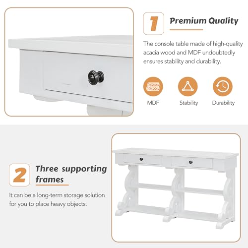 Rockjame Console Table, Retro Wood Sideboard with Ample Storage, Classic Accent Entryway Table with 2 Drawers and Open Adjustable Shelves for Entrance Dinning Room Living Room (Antique White)