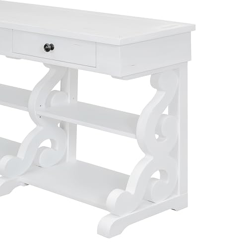 Rockjame Console Table, Retro Wood Sideboard with Ample Storage, Classic Accent Entryway Table with 2 Drawers and Open Adjustable Shelves for Entrance Dinning Room Living Room (Antique White)