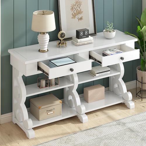 Rockjame Console Table, Retro Wood Sideboard with Ample Storage, Classic Accent Entryway Table with 2 Drawers and Open Adjustable Shelves for Entrance Dinning Room Living Room (Antique White)