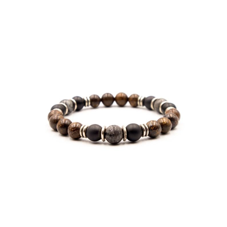 LKBEADS Natural Natural Bronzite, Black Agate, Sesame Jasper 8mm rondelle smooth 7inch Semi-Precious Gemstones Beaded Bracelets for Men Women Healing Crystal Stretch Beaded Bracelet Unisex