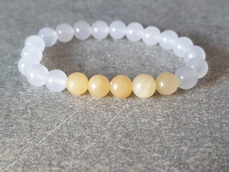 LKBEADS Natural White Agate & Yellow Jade 8mm rondelle smooth 7inch Semi-Precious Gemstones Beaded Bracelets for Men Women Healing Crystal Stretch Beaded Bracelet Unisex