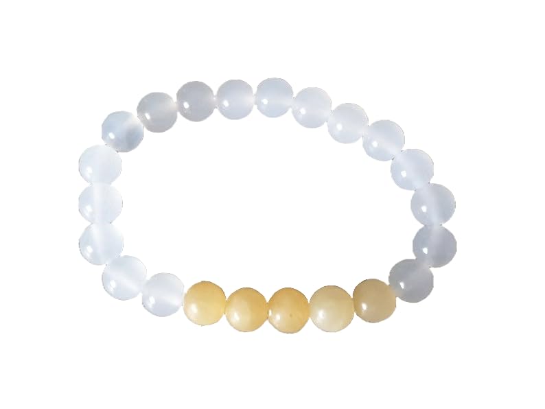 LKBEADS Natural White Agate & Yellow Jade 8mm rondelle smooth 7inch Semi-Precious Gemstones Beaded Bracelets for Men Women Healing Crystal Stretch Beaded Bracelet Unisex