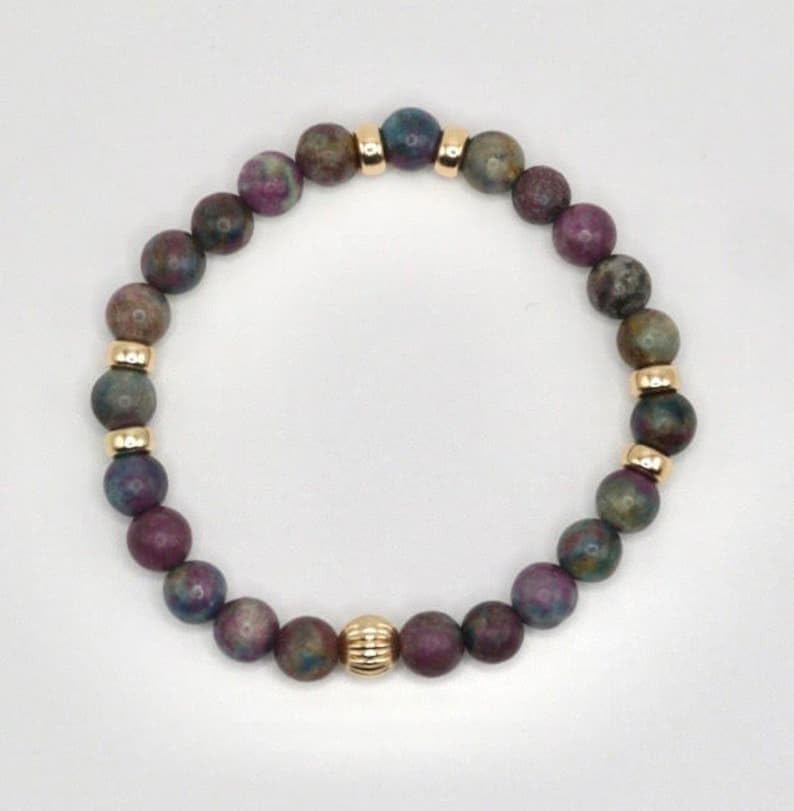 LKBEADS Natural Ruby Kyanite 6mm rondelle smooth 7inch Semi-Precious Gemstones Beaded Bracelets for Men Women Healing Crystal Stretch Beaded Bracelet Unisex