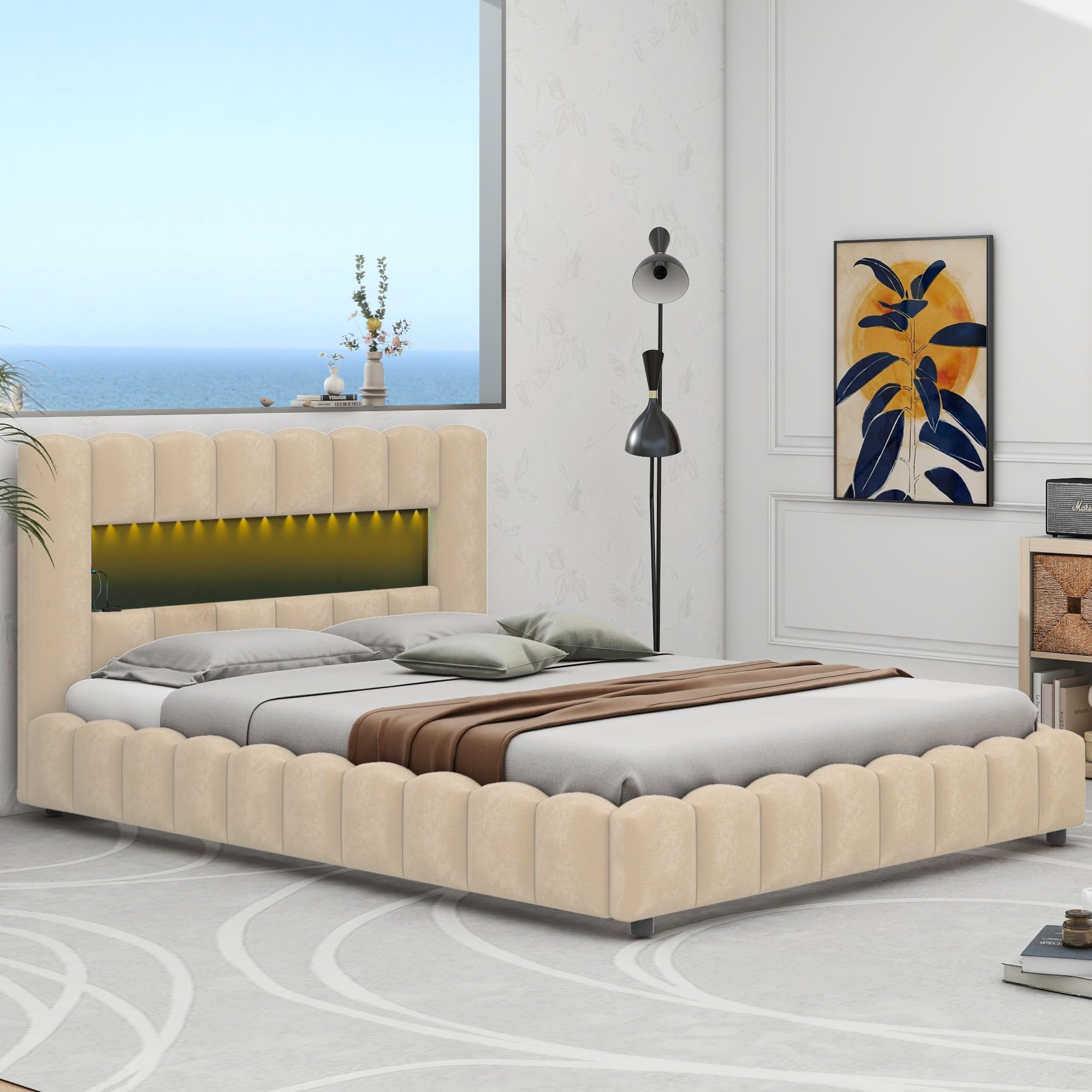 FEELHOME Queen Size Lift Up Storage Bed/Button Tufted Wingback Headboard/Hydraulic Storage/Upholstered Platform Bed Frame/No Box Spring Needed/Wood Slats Support/Light,Beige