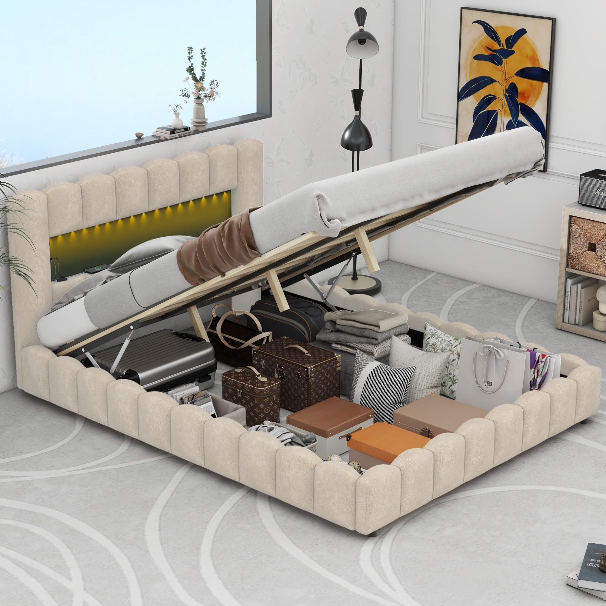 FEELHOME Queen Size Lift Up Storage Bed/Button Tufted Wingback Headboard/Hydraulic Storage/Upholstered Platform Bed Frame/No Box Spring Needed/Wood Slats Support/Light,Beige