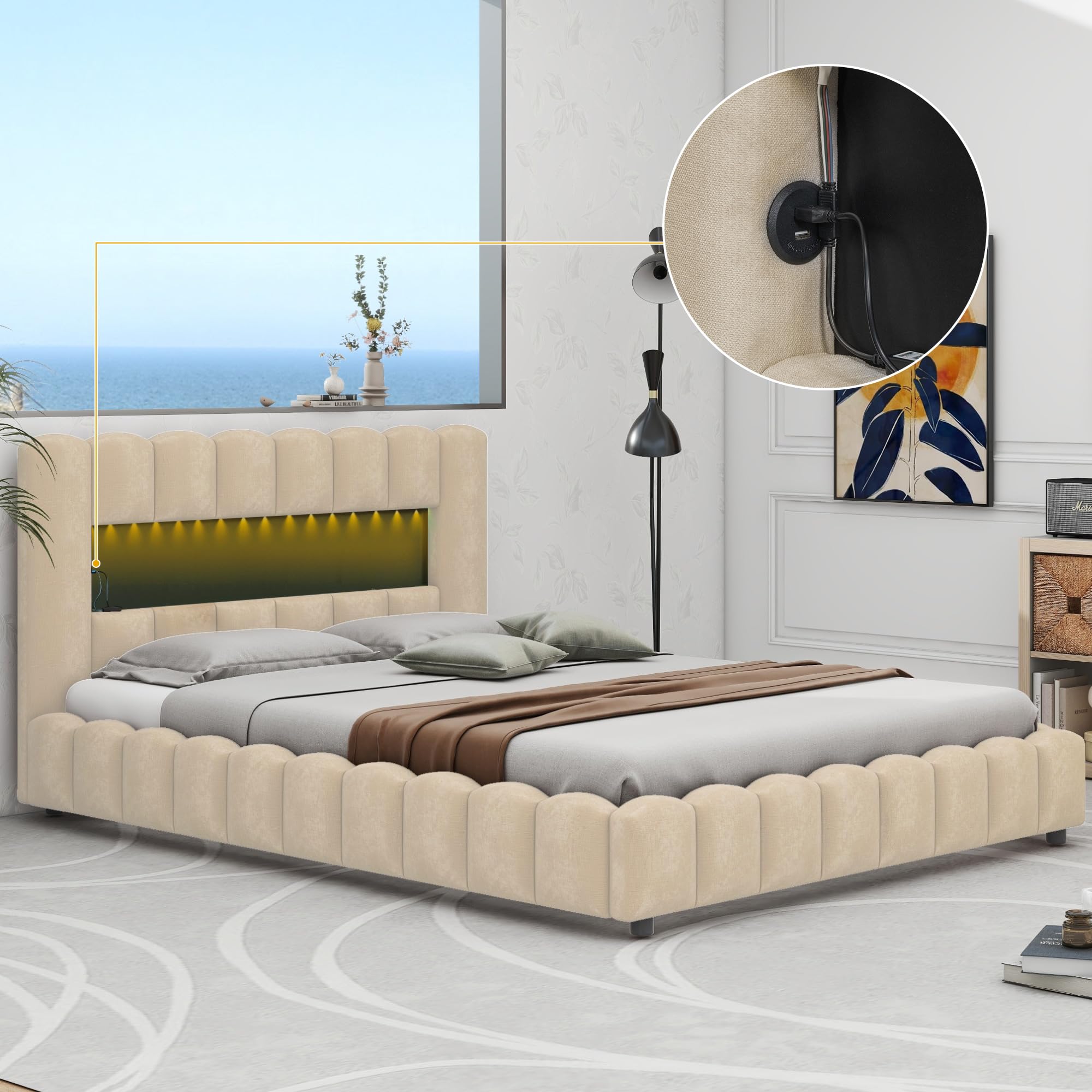 FEELHOME Queen Size Lift Up Storage Bed/Button Tufted Wingback Headboard/Hydraulic Storage/Upholstered Platform Bed Frame/No Box Spring Needed/Wood Slats Support/Light,Beige