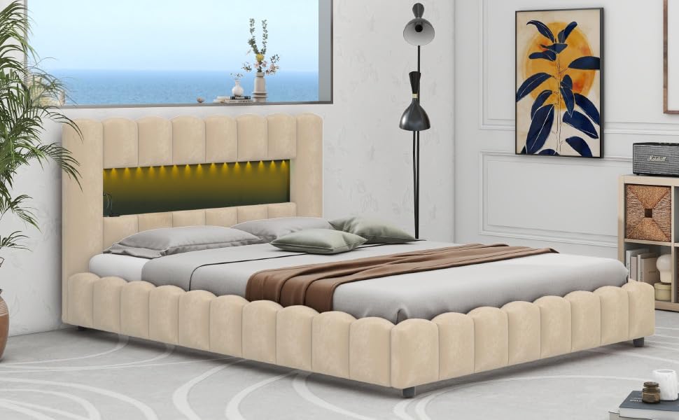 FEELHOME Queen Size Lift Up Storage Bed/Button Tufted Wingback Headboard/Hydraulic Storage/Upholstered Platform Bed Frame/No Box Spring Needed/Wood Slats Support/Light,Beige
