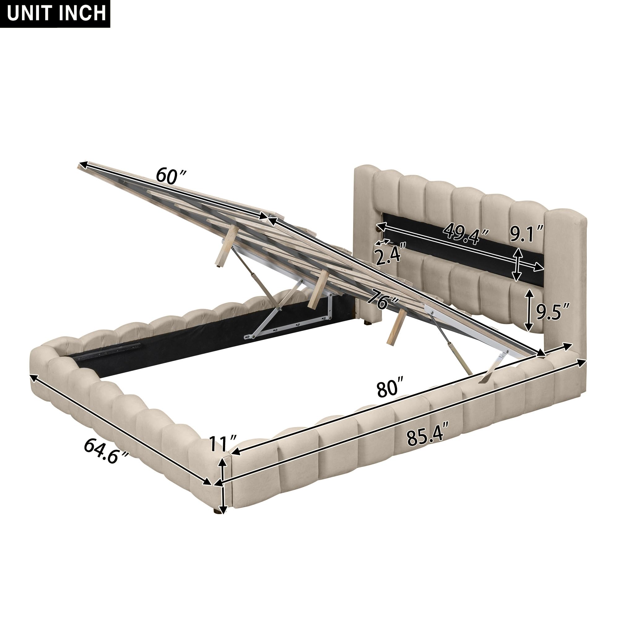 FEELHOME Queen Size Lift Up Storage Bed/Button Tufted Wingback Headboard/Hydraulic Storage/Upholstered Platform Bed Frame/No Box Spring Needed/Wood Slats Support/Light,Beige