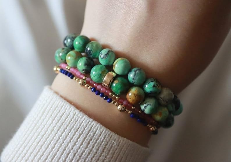 LKBEADS Natural Rare Variscite 8mm rondelle smooth 7inch Semi-Precious Gemstones Beaded Bracelets for Men Women Healing Crystal Stretch Beaded Bracelet Unisex