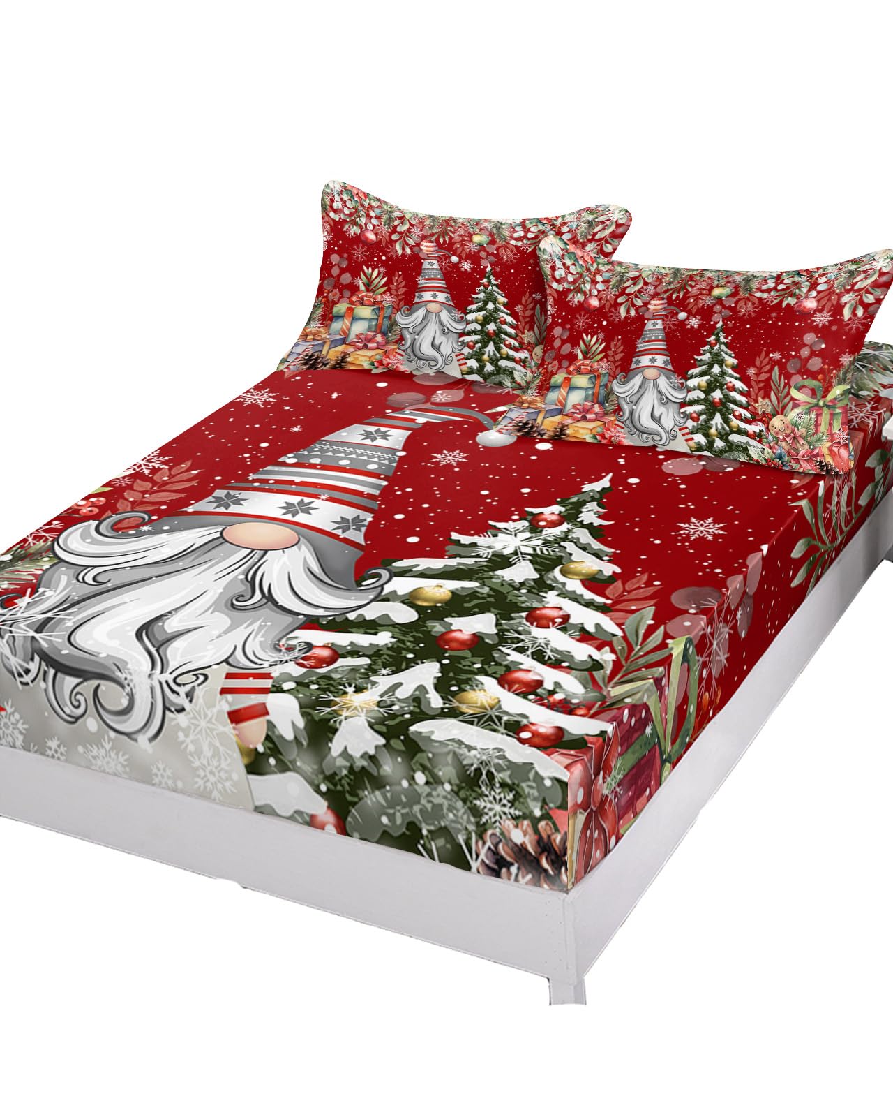 Red Christmas Fitted Sheet Set for Full Size Bed,Gnome Xmas Tree 3 Pieces Bedding Deep Pocket Bedsheet Fits Mattress Up to 16",Bottom Sheets for Bedroom Decor,Botanical Leaves