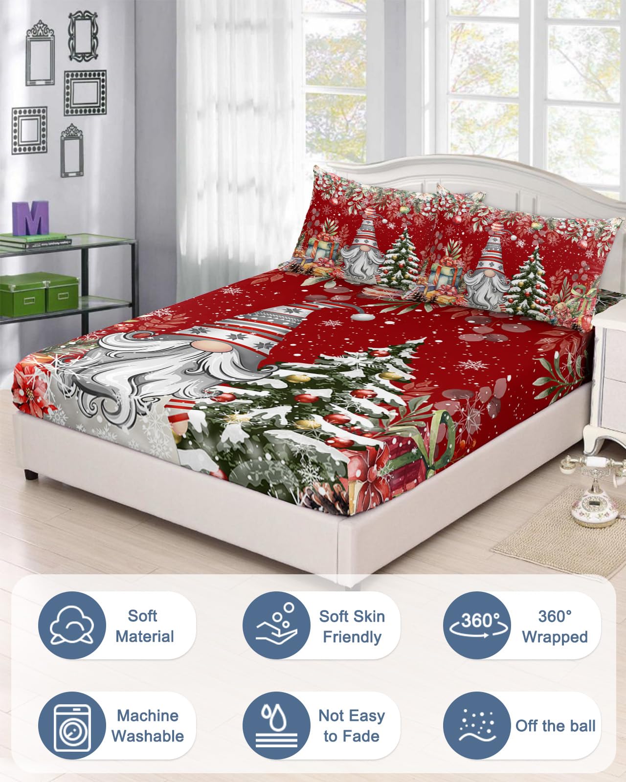 Red Christmas Fitted Sheet Set for Full Size Bed,Gnome Xmas Tree 3 Pieces Bedding Deep Pocket Bedsheet Fits Mattress Up to 16",Bottom Sheets for Bedroom Decor,Botanical Leaves