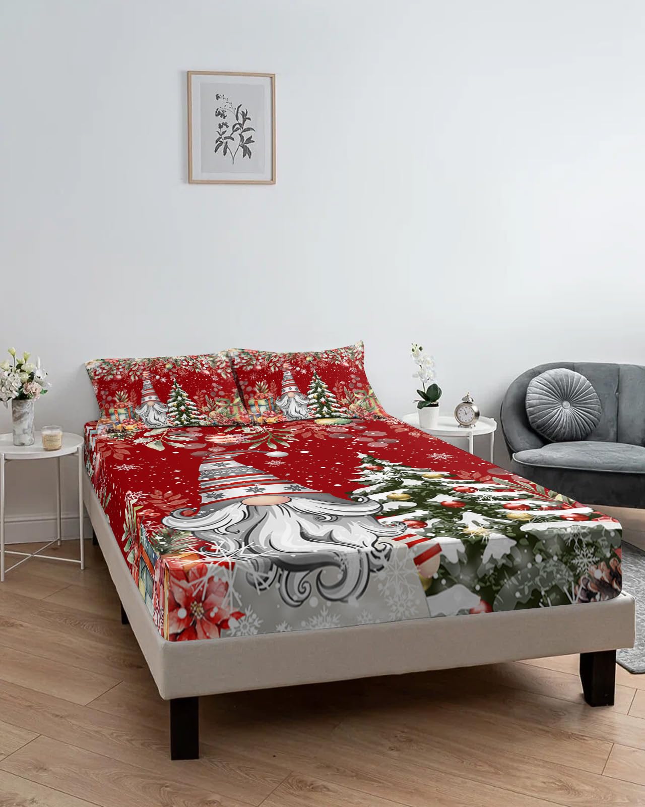 Red Christmas Fitted Sheet Set for Full Size Bed,Gnome Xmas Tree 3 Pieces Bedding Deep Pocket Bedsheet Fits Mattress Up to 16",Bottom Sheets for Bedroom Decor,Botanical Leaves