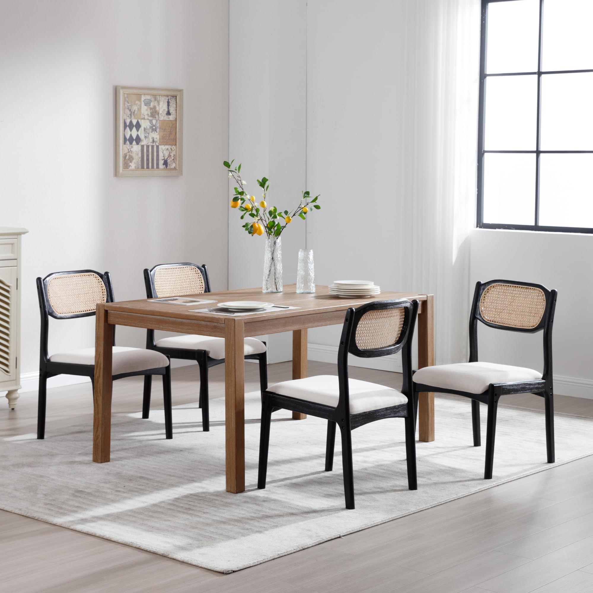 Shunzhi Modern Dining Chairs Set of 2 with Rattan Back and Black Wood Legs, Mid Century Cane Dining Room Chairs Farmhouse Upholstered Kitchen Chairs for Dining Room/Restaurants, White Linen