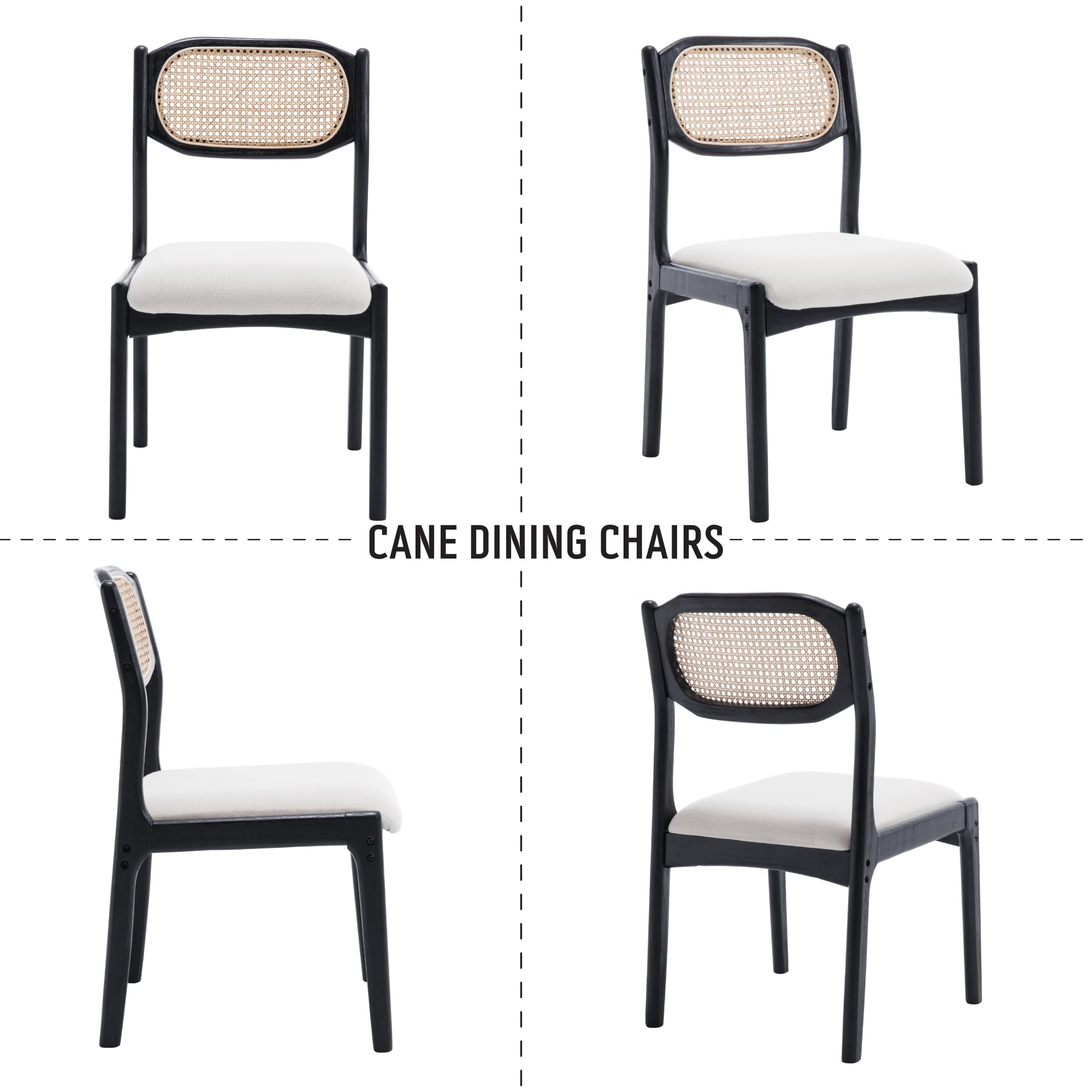 Shunzhi Modern Dining Chairs Set of 2 with Rattan Back and Black Wood Legs, Mid Century Cane Dining Room Chairs Farmhouse Upholstered Kitchen Chairs for Dining Room/Restaurants, White Linen