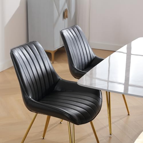 Shunzhi Mid-Century Modern Dining Chairs Set of 2 Black Leather Kitchen & Dining Room with Gold Legs Upholstered Kitchen Chairs Gold Accent Chairs Comfy Side Chairs with Back for Dining Living Room