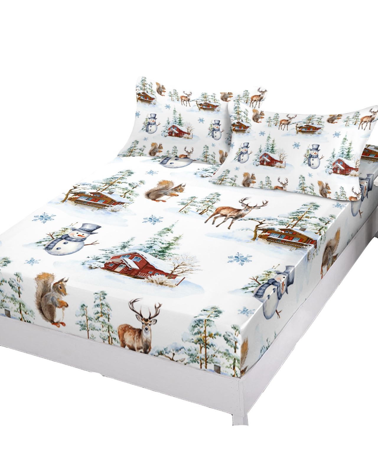 Rusic Christmas Fitted Sheets Elastic Deep Pocket 3 Pieces Bedding Set Full Size,Farmhouse Snowman Wooden Barn Reindeer Soft Brushed Bed Sheets,Winter Snow Scene Bottom Sheet
