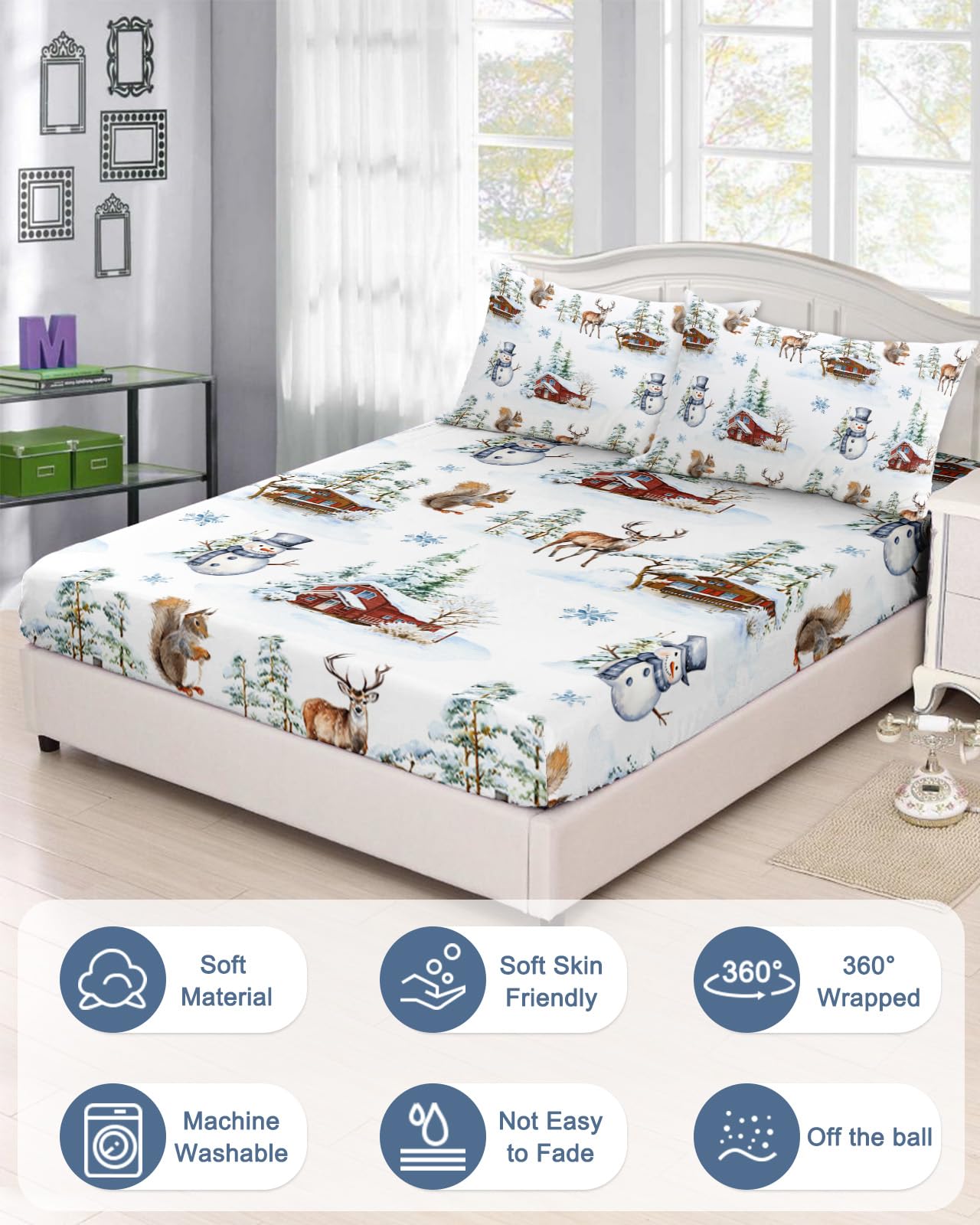 Rusic Christmas Fitted Sheets Elastic Deep Pocket 3 Pieces Bedding Set Full Size,Farmhouse Snowman Wooden Barn Reindeer Soft Brushed Bed Sheets,Winter Snow Scene Bottom Sheet