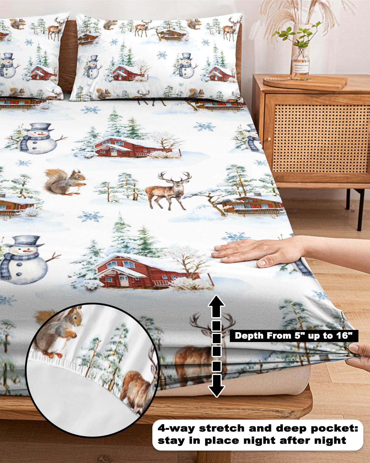 Rusic Christmas Fitted Sheets Elastic Deep Pocket 3 Pieces Bedding Set Full Size,Farmhouse Snowman Wooden Barn Reindeer Soft Brushed Bed Sheets,Winter Snow Scene Bottom Sheet