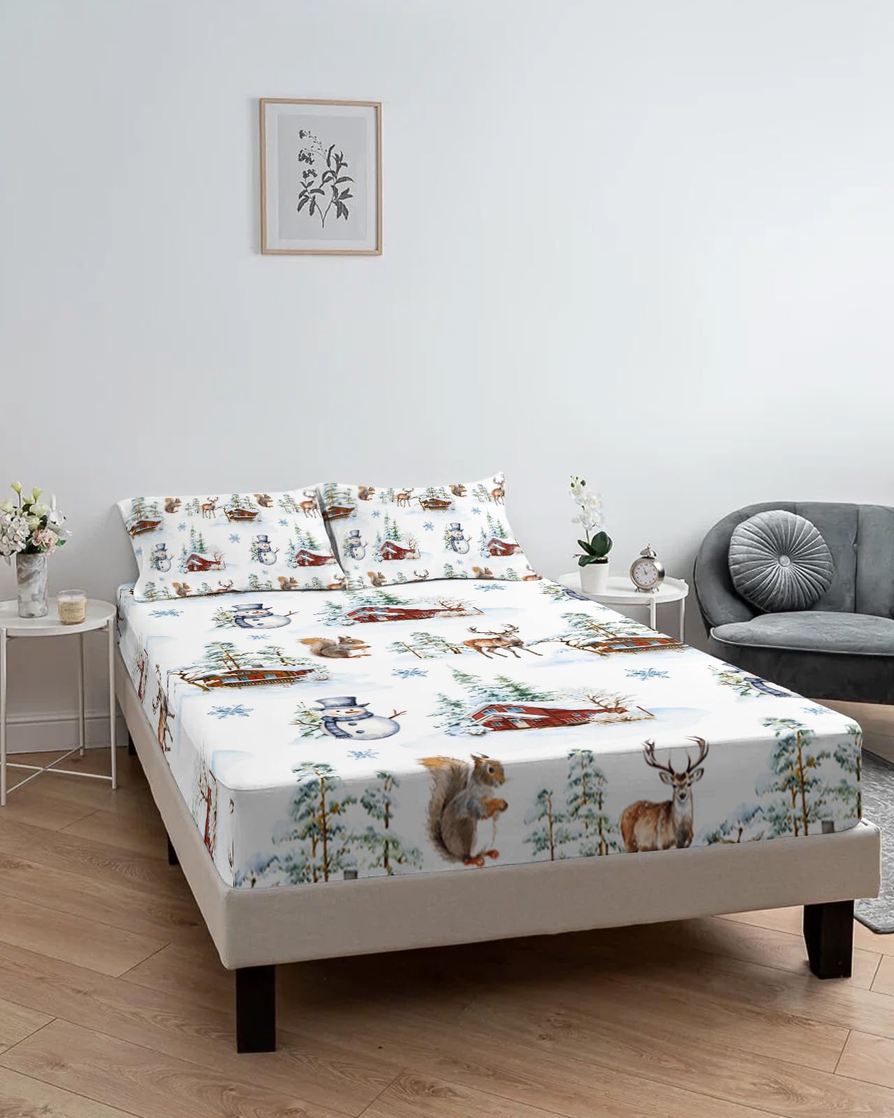 Rusic Christmas Fitted Sheets Elastic Deep Pocket 3 Pieces Bedding Set Full Size,Farmhouse Snowman Wooden Barn Reindeer Soft Brushed Bed Sheets,Winter Snow Scene Bottom Sheet