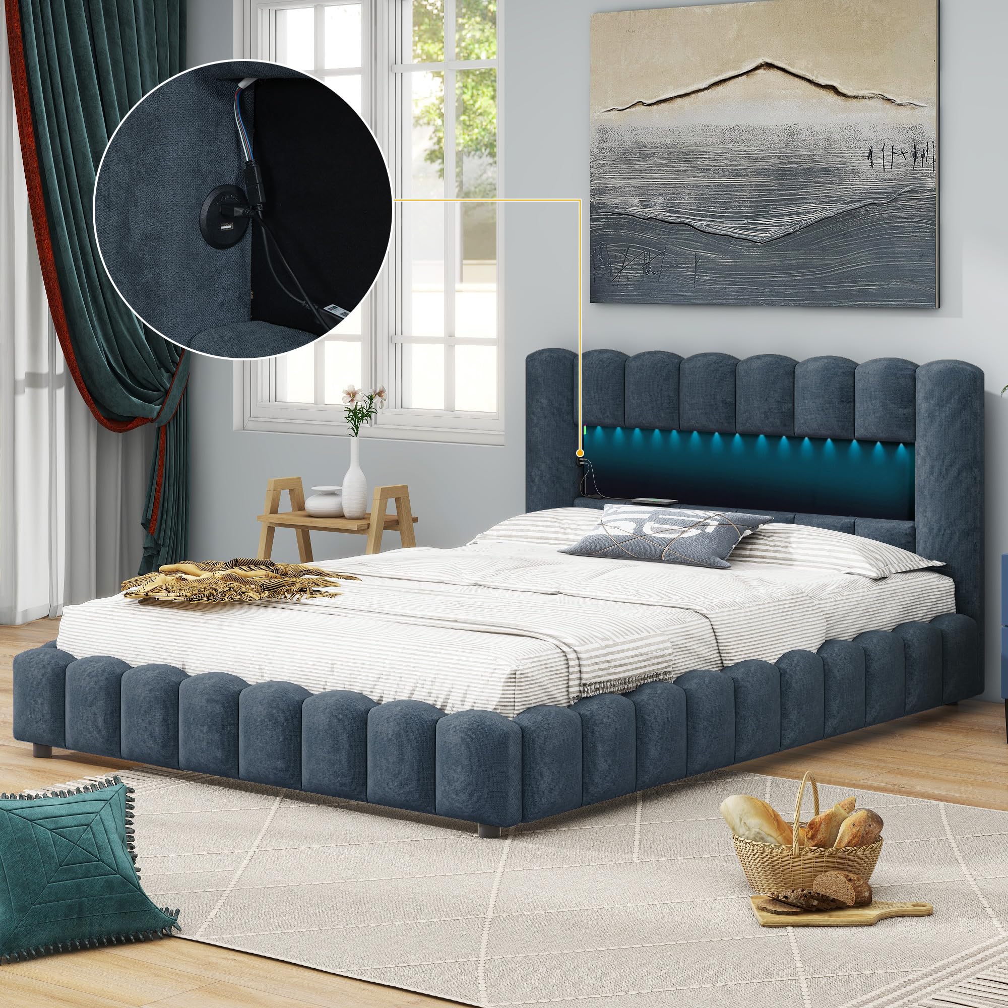 FEELHOME Queen Size Lift Up Storage Bed/Button Tufted Wingback Headboard/Hydraulic Storage/Upholstered Platform Bed Frame/No Box Spring Needed/Wood Slats Support/Light,Deep Blue