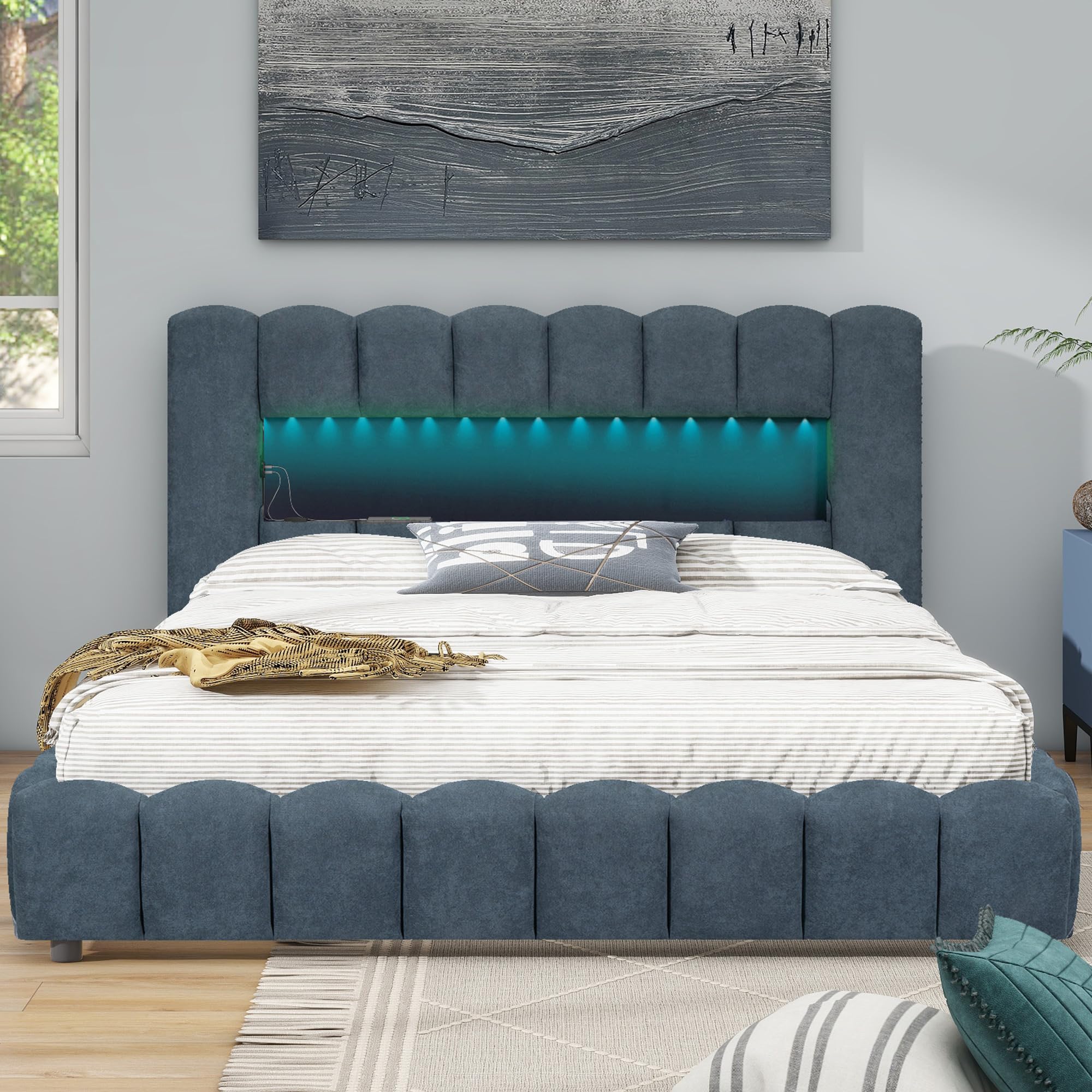 FEELHOME Queen Size Lift Up Storage Bed/Button Tufted Wingback Headboard/Hydraulic Storage/Upholstered Platform Bed Frame/No Box Spring Needed/Wood Slats Support/Light,Deep Blue
