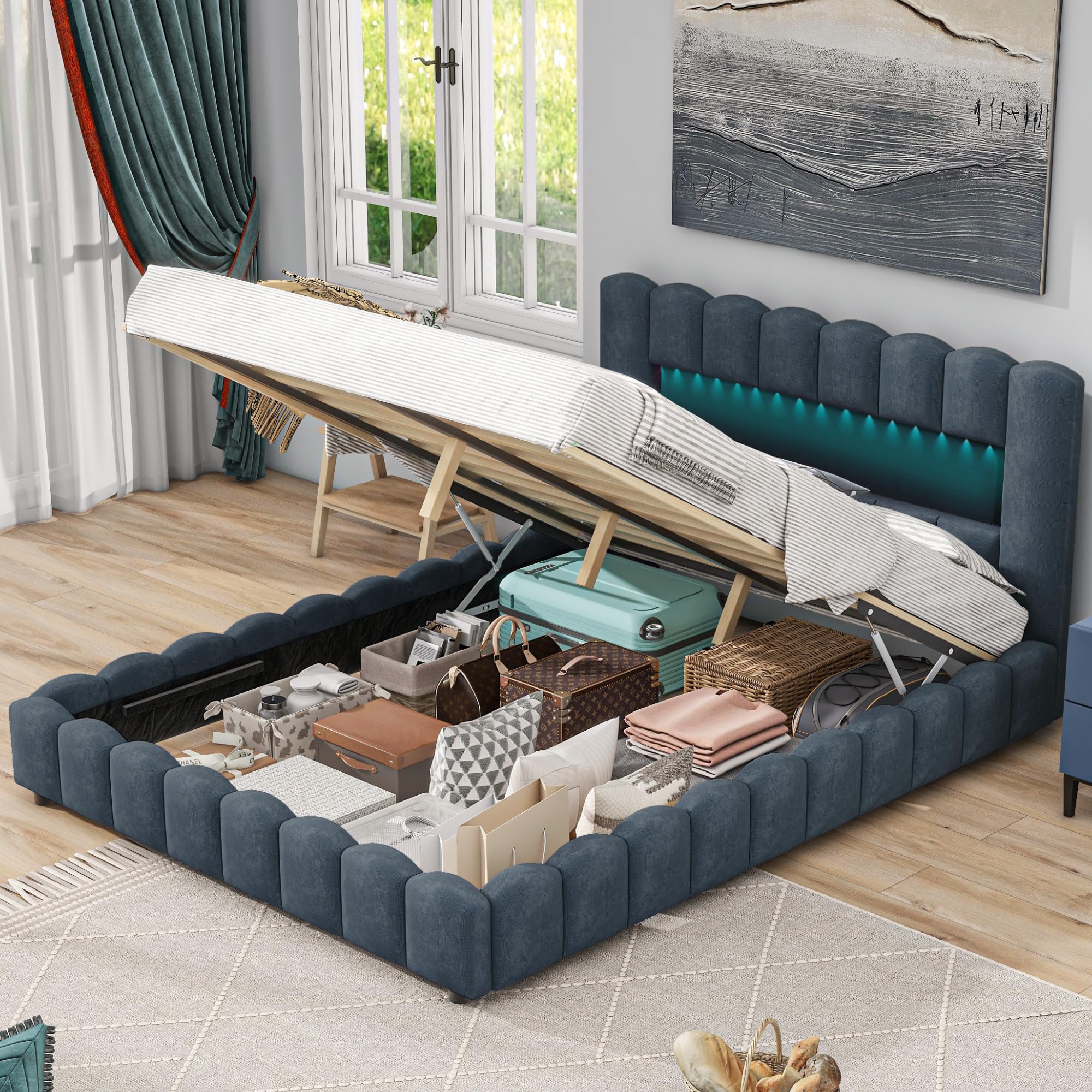FEELHOME Queen Size Lift Up Storage Bed/Button Tufted Wingback Headboard/Hydraulic Storage/Upholstered Platform Bed Frame/No Box Spring Needed/Wood Slats Support/Light,Deep Blue