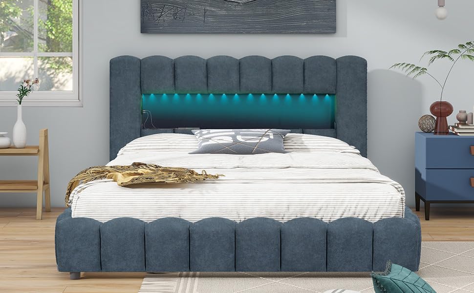 FEELHOME Queen Size Lift Up Storage Bed/Button Tufted Wingback Headboard/Hydraulic Storage/Upholstered Platform Bed Frame/No Box Spring Needed/Wood Slats Support/Light,Deep Blue