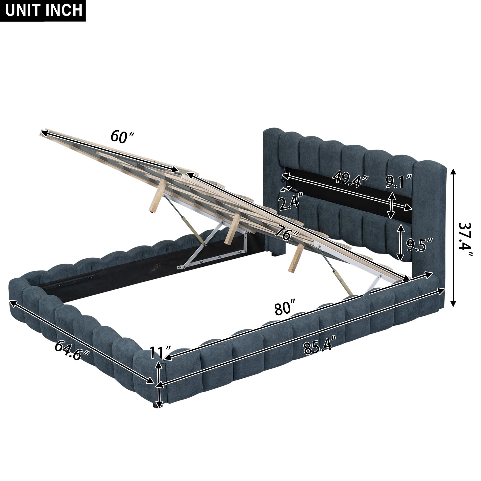 FEELHOME Queen Size Lift Up Storage Bed/Button Tufted Wingback Headboard/Hydraulic Storage/Upholstered Platform Bed Frame/No Box Spring Needed/Wood Slats Support/Light,Deep Blue