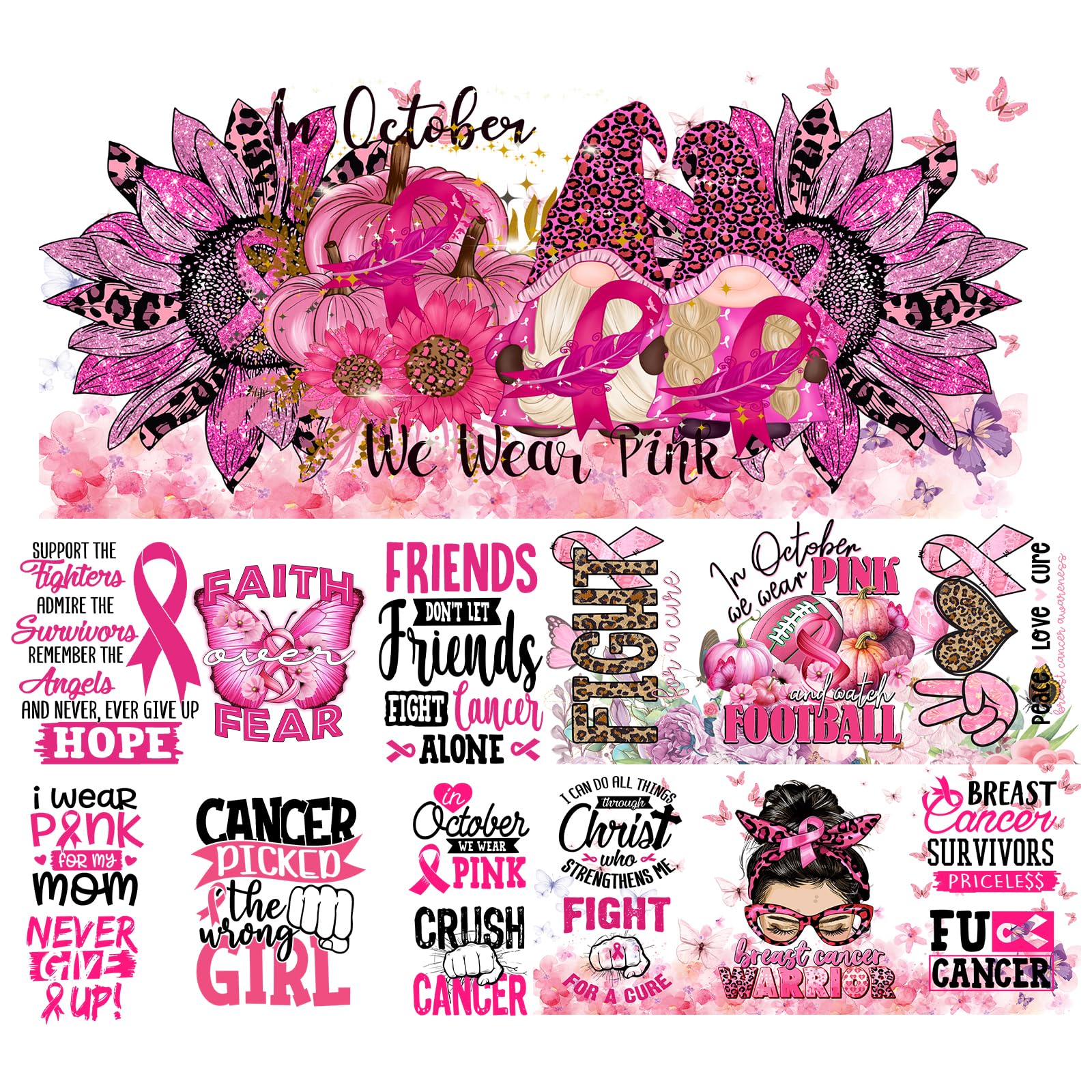 UV DTF Cup Wrap for Glass 16oz, 5 Sheetes uvdtf Breast Cancer Awareness Transfers Stickers Cup Decals, Rub on Transfers Glass Cup Stickers for Tumbles Crafts, Permanent Adhesive, No Heat Needed
