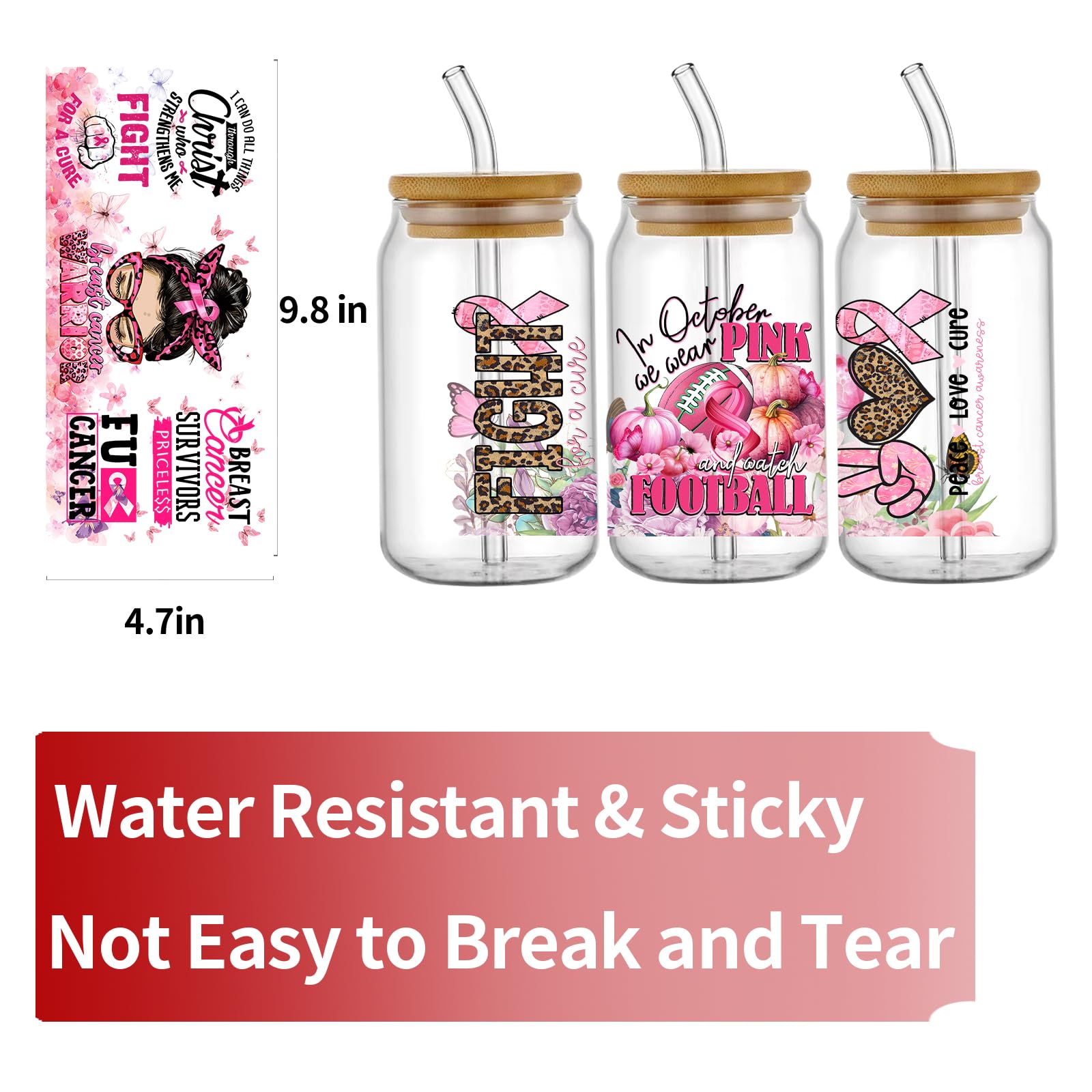 UV DTF Cup Wrap for Glass 16oz, 5 Sheetes uvdtf Breast Cancer Awareness Transfers Stickers Cup Decals, Rub on Transfers Glass Cup Stickers for Tumbles Crafts, Permanent Adhesive, No Heat Needed
