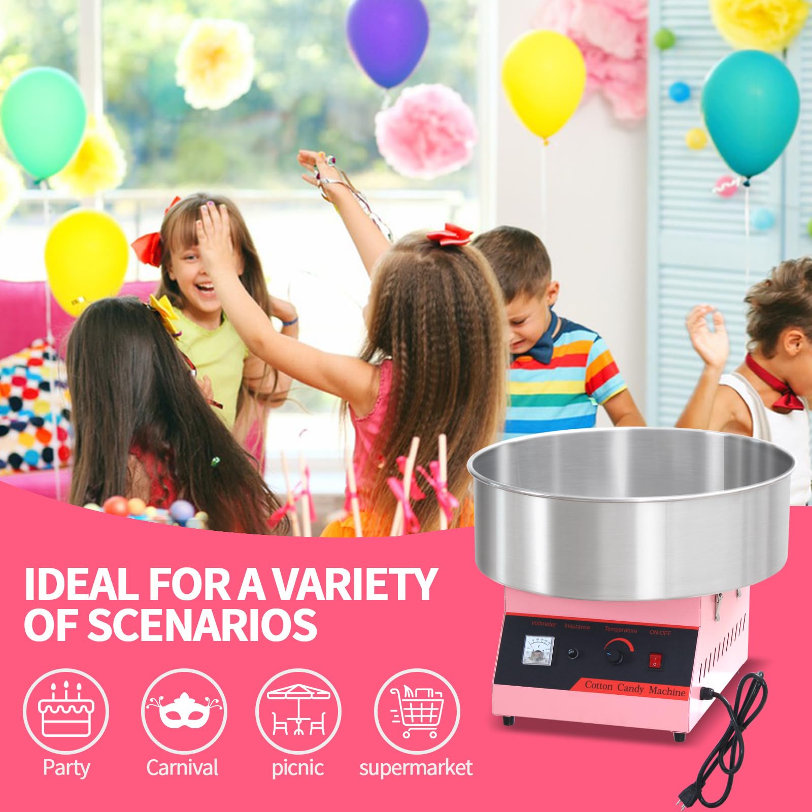 Cotton Candy Machine Commercial, Electric Cotton Candy Maker, 1080W Candy Floss Maker, Perfect for Family Party Amusement Park Carnival,Pink
