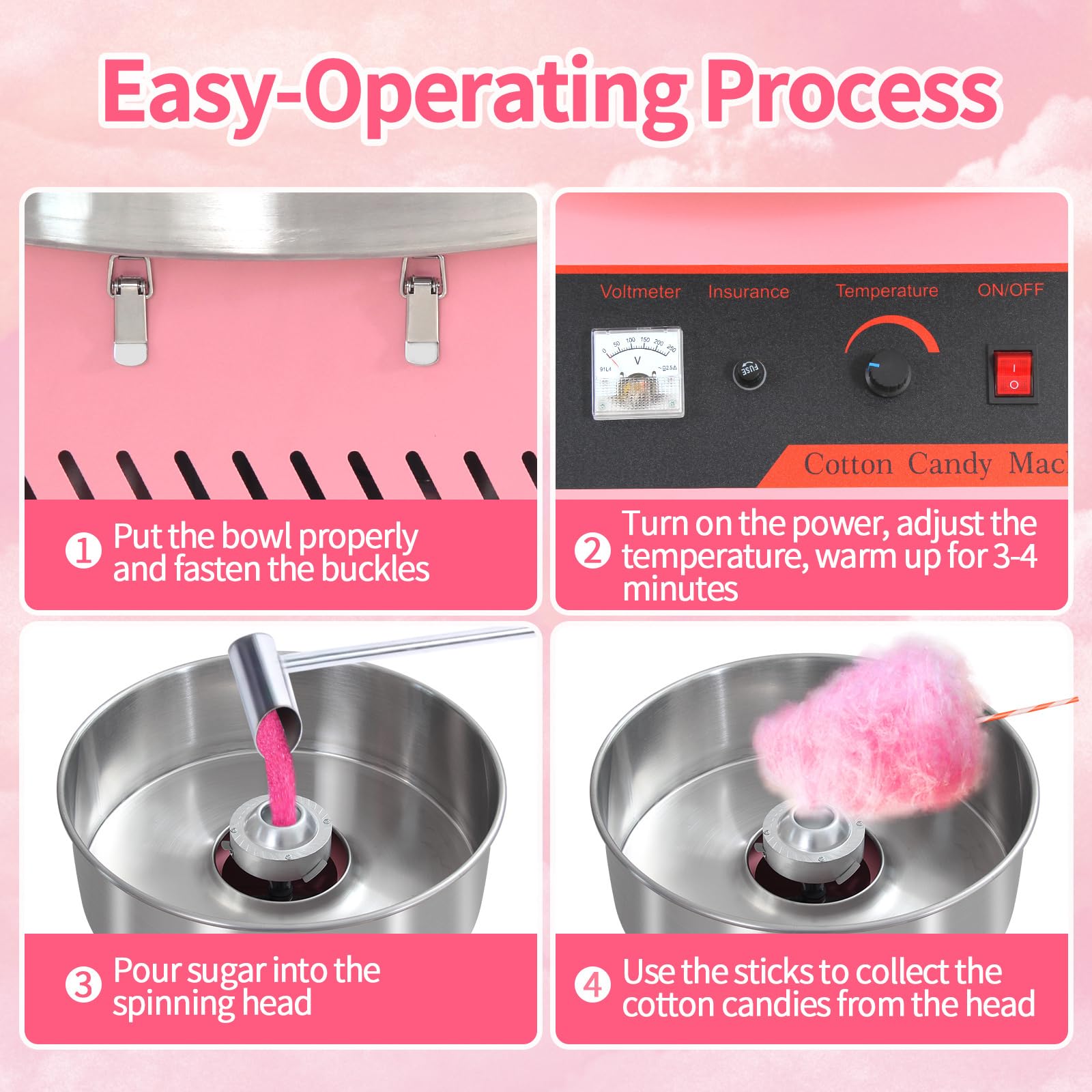 Cotton Candy Machine Commercial, Electric Cotton Candy Maker, 1080W Candy Floss Maker, Perfect for Family Party Amusement Park Carnival,Pink