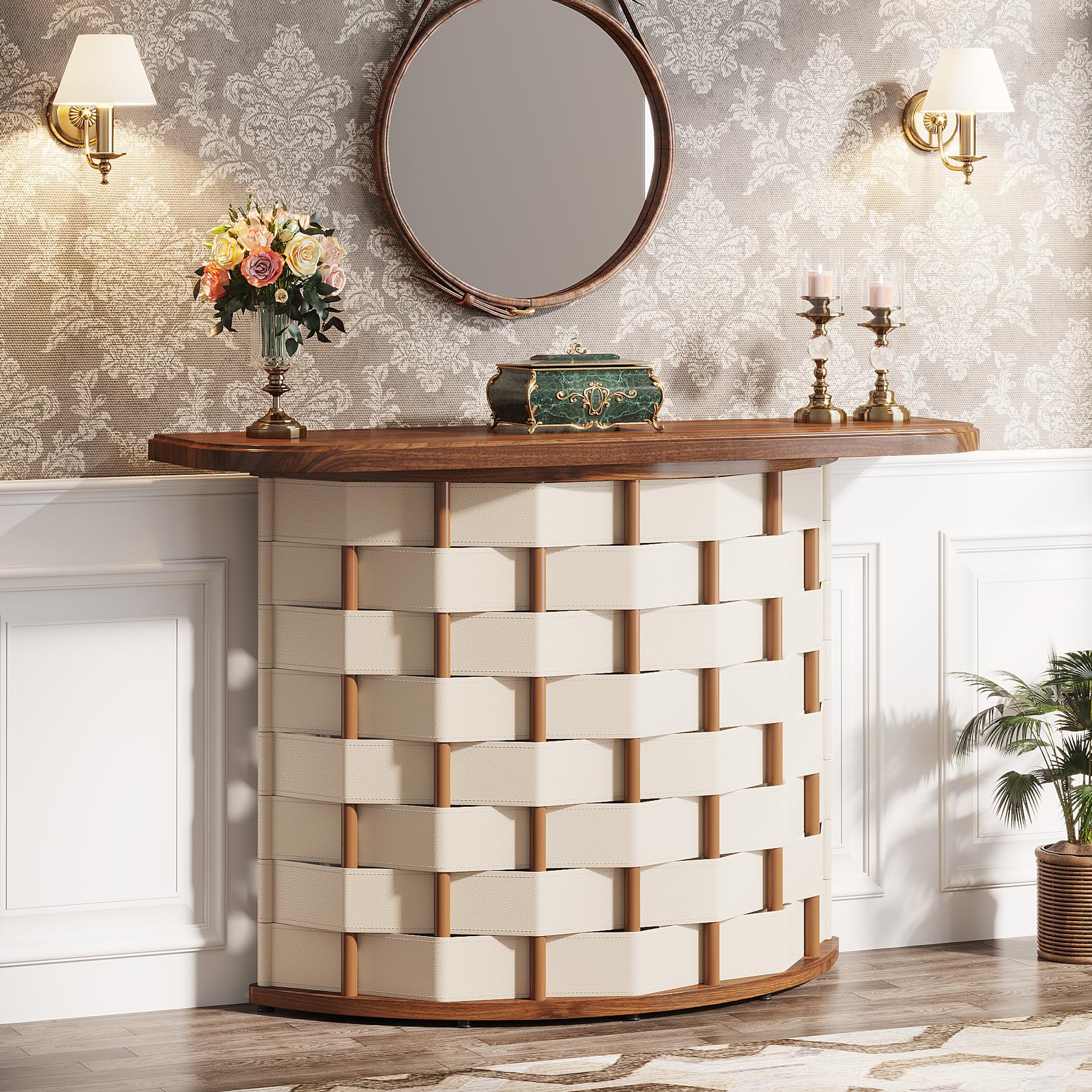 Tribesigns Half Moon Console Table for Entryway, 47-Inch Vintage Semi Circle Sofa Table with Woven Leather Base, Modern Accent Table for Living Room, Hallway, Foyer, Entrance