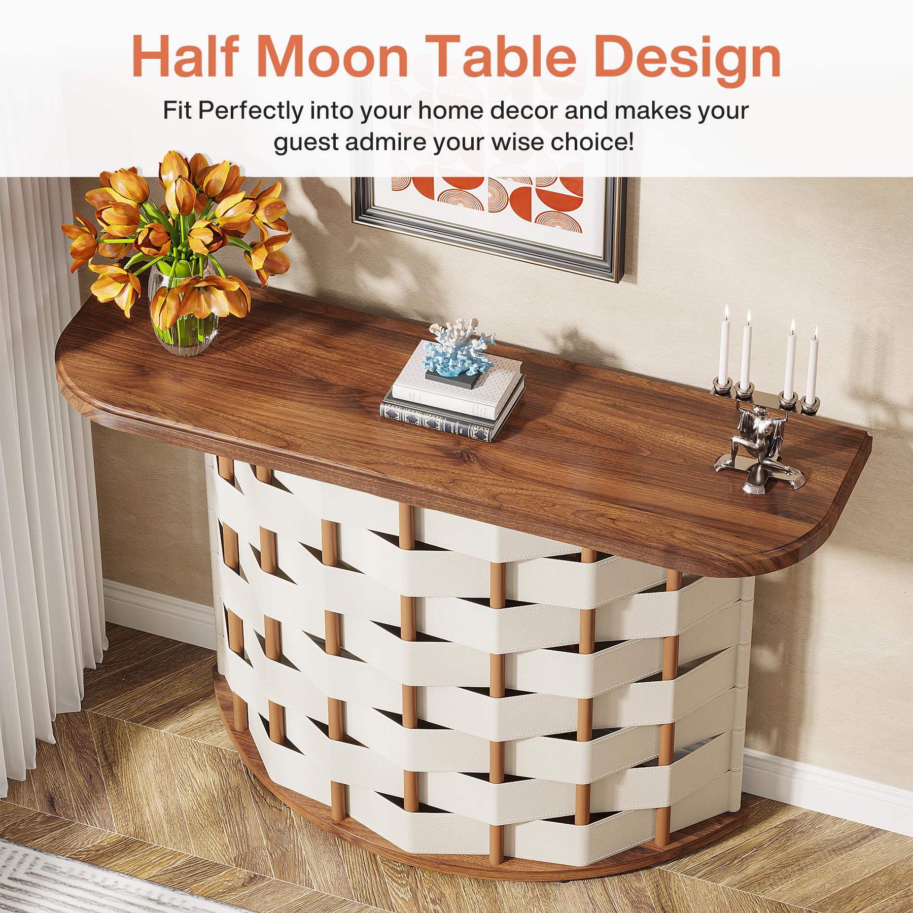 Tribesigns Half Moon Console Table for Entryway, 47-Inch Vintage Semi Circle Sofa Table with Woven Leather Base, Modern Accent Table for Living Room, Hallway, Foyer, Entrance