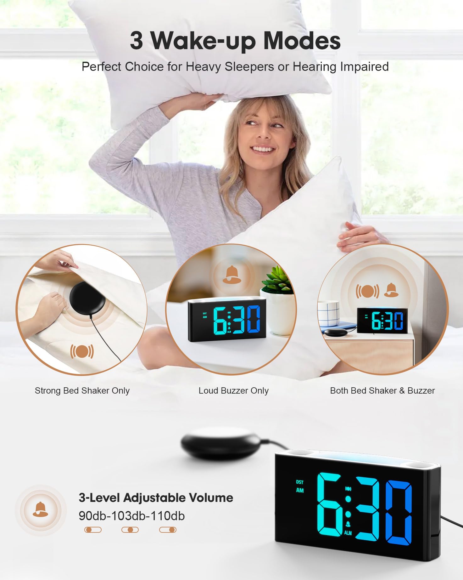 Roxicosly Loud Bed Shaker Alarm Clock for Heavy Sleepers + Vibrating Alarm Clock with RGB Digits & Colorful Night Light
