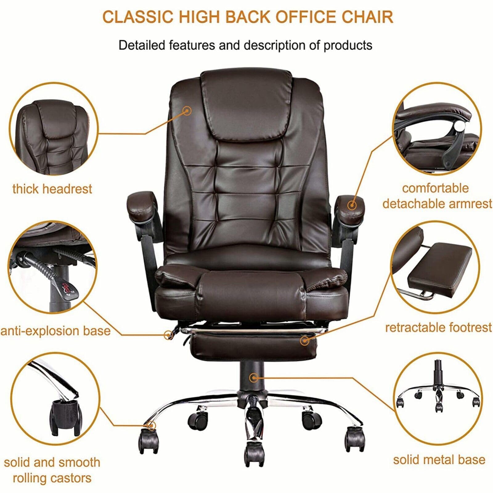 Adjustable Office Chair Swivel Ergonomic Executive Computer Task Desk Seat Chairs Ergonomic Office Chair Leather Executive Chair Computer Chair High Back Lumbar Support Wheels Swivel