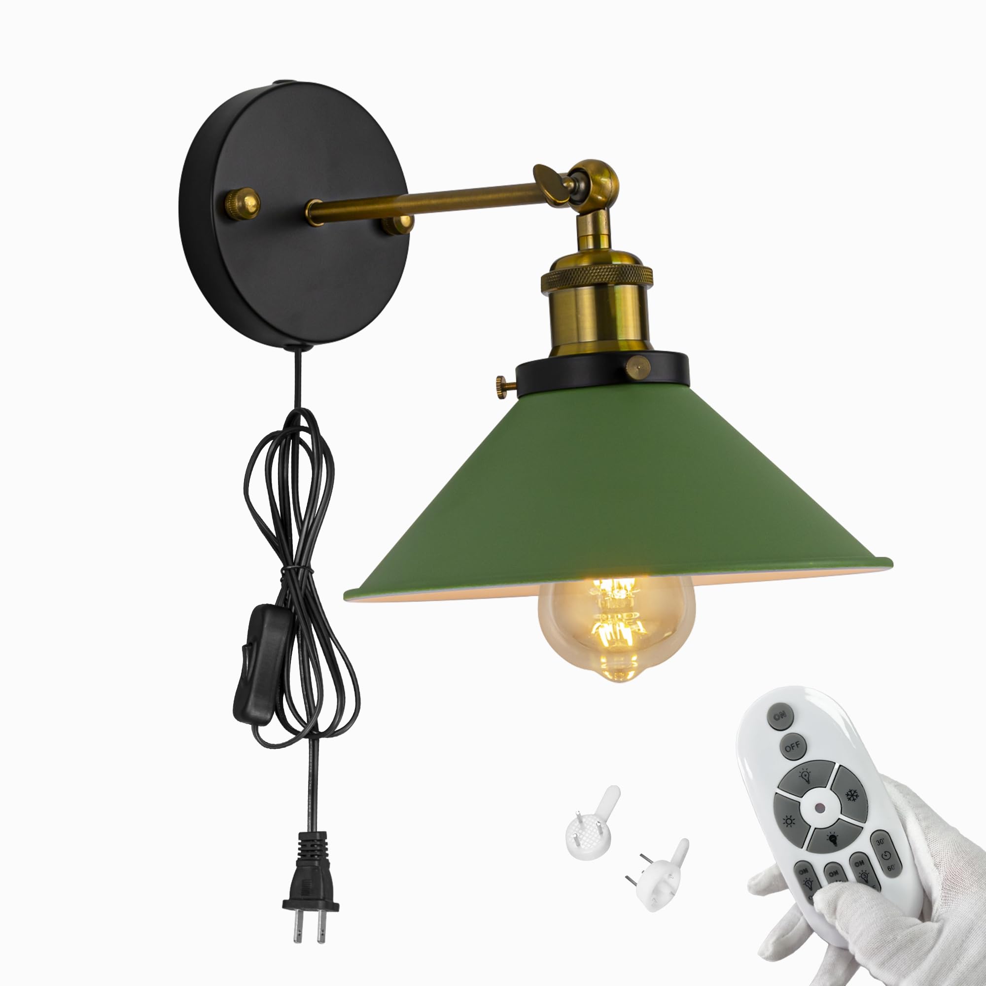SKIVTGLAMP Industrial Wall Sconce Plug-in Cord with Remote Control, No Drilling Dimmable LED Edison Bulb Flexible Wall Hanging for Rustic Home Decor Backdrop Exhibition Stage Customizable, Green