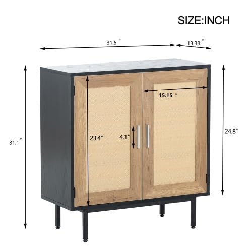 Wekity Rattan Cabinet with Storage, Sideboard Storage Cabinet with 2 Rattan Decorated Doors Fixed Shelf Large Space Wood Cabinet for Living Room Entryway Hallway Dining Room (Black)