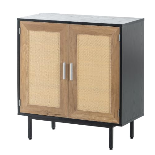 Wekity Rattan Cabinet with Storage, Sideboard Storage Cabinet with 2 Rattan Decorated Doors Fixed Shelf Large Space Wood Cabinet for Living Room Entryway Hallway Dining Room (Black)