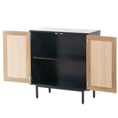 Wekity Rattan Cabinet with Storage, Sideboard Storage Cabinet with 2 Rattan Decorated Doors Fixed Shelf Large Space Wood Cabinet for Living Room Entryway Hallway Dining Room (Black)