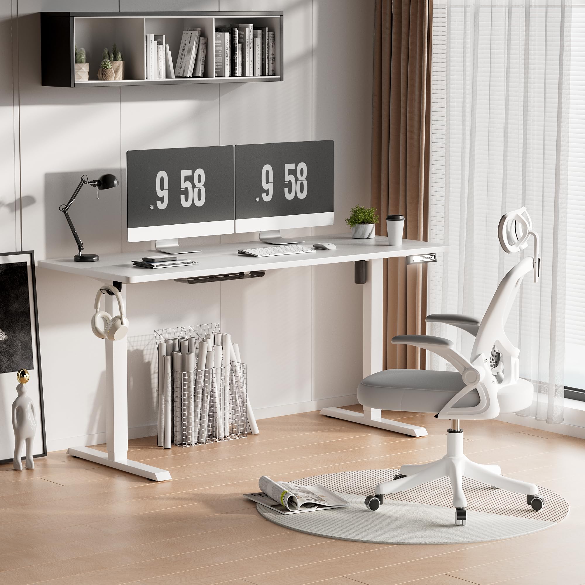 Furmax Electric Standing Desk, 59 x 24 Inches Height Adjustable Desk with Wheels, Home Office Computer Desk with Management Box (White)
