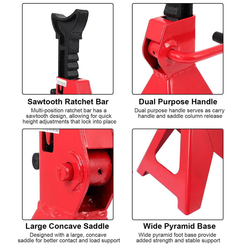 ROADFAR 3 Ton 1 Pair Jack Stands For Car Truck Auto Lift, Red