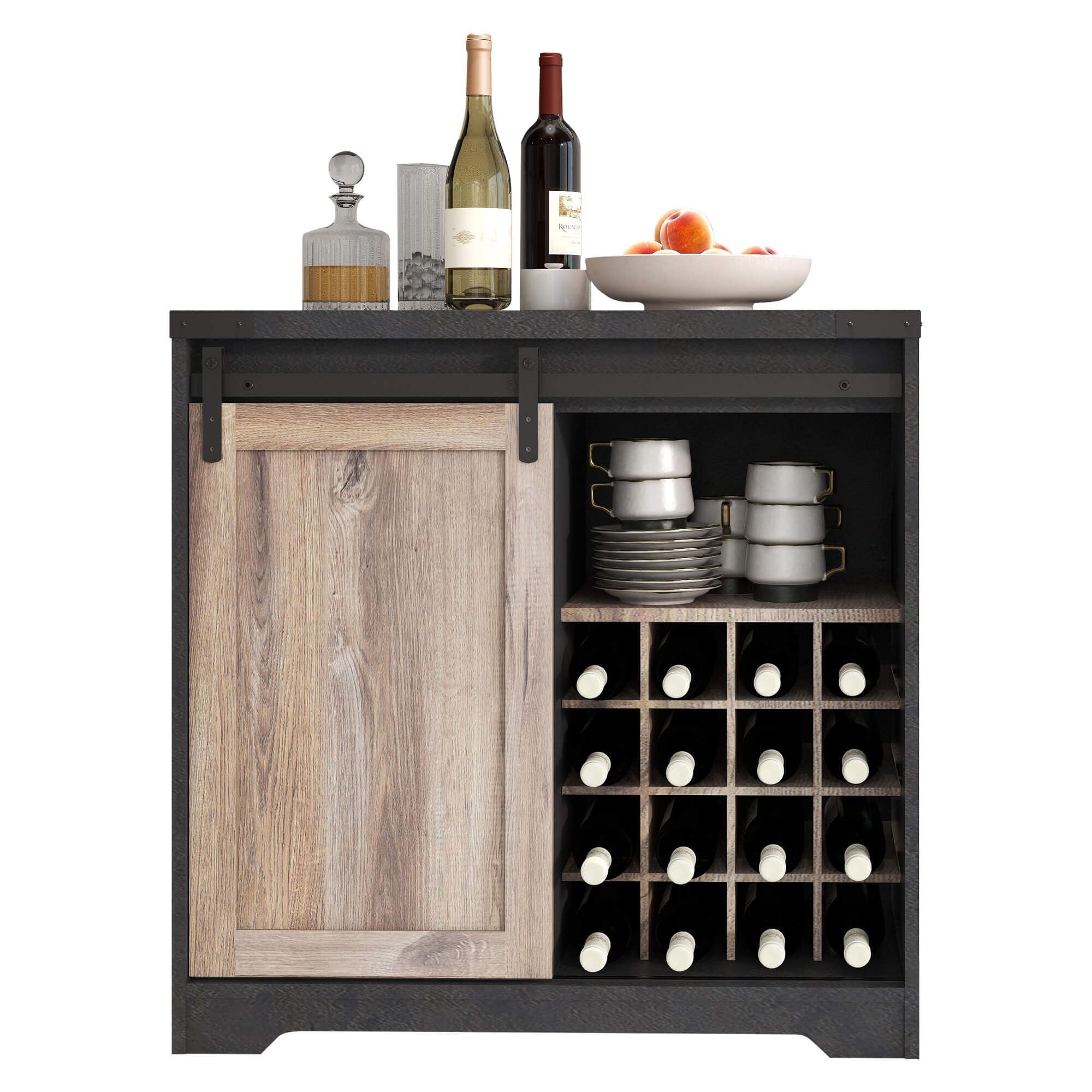 SAINTCY Liquor Cabinet Bar for Home Kitchen Coffee Bar Cabinet with Wine Rack, Sideboard Buffet Cabinet with Storage for Dining Room Wood Farmhouse Sliding Barn Door for Living Room, Entryway
