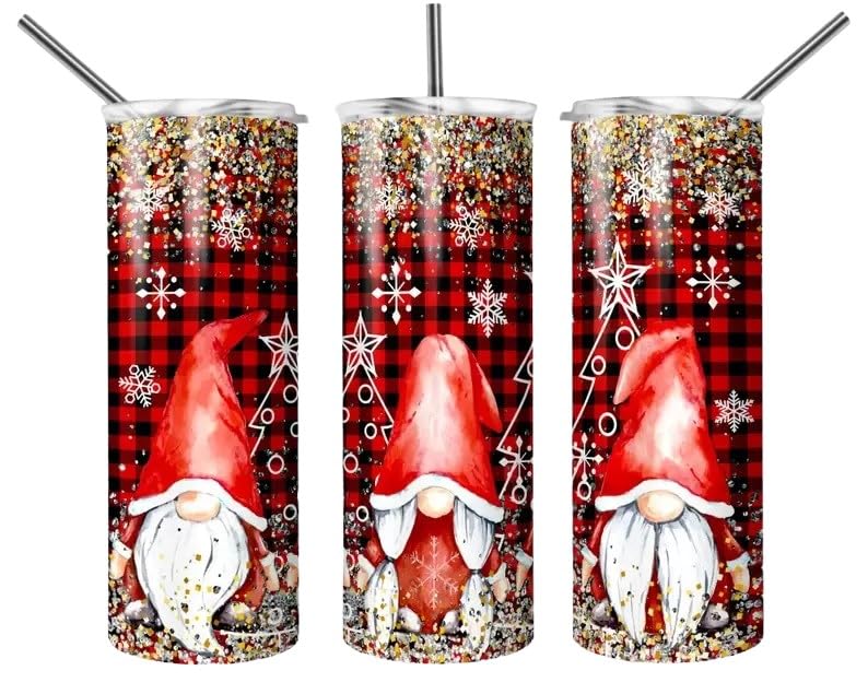 Christmas Gnomes Tumbler Sublimation Wrap - Ready to Press Sublimation Transfer - 20 oz Straight, Snowflake Plaid Gnome Transfer Wrap