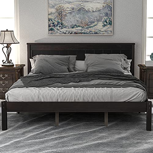 Queen Size Platform Bed with Headboard, Wooden Platform Bed Frame with Sturdy Slat Support for Kids Teens Boys Girls Bedroom, No Box Spring Required (Espresso + Pine-4)
