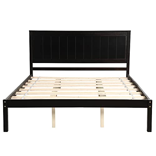 Queen Size Platform Bed with Headboard, Wooden Platform Bed Frame with Sturdy Slat Support for Kids Teens Boys Girls Bedroom, No Box Spring Required (Espresso + Pine-4)