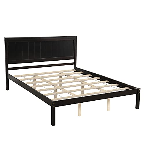Queen Size Platform Bed with Headboard, Wooden Platform Bed Frame with Sturdy Slat Support for Kids Teens Boys Girls Bedroom, No Box Spring Required (Espresso + Pine-4)