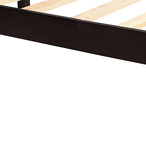 Queen Size Platform Bed with Headboard, Wooden Platform Bed Frame with Sturdy Slat Support for Kids Teens Boys Girls Bedroom, No Box Spring Required (Espresso + Pine-4)