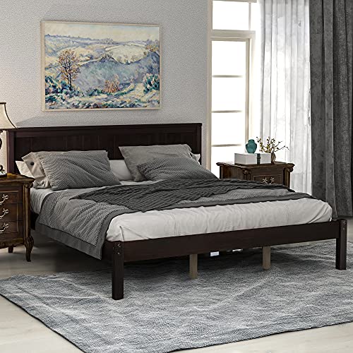 Queen Size Platform Bed with Headboard, Wooden Platform Bed Frame with Sturdy Slat Support for Kids Teens Boys Girls Bedroom, No Box Spring Required (Espresso + Pine-4)