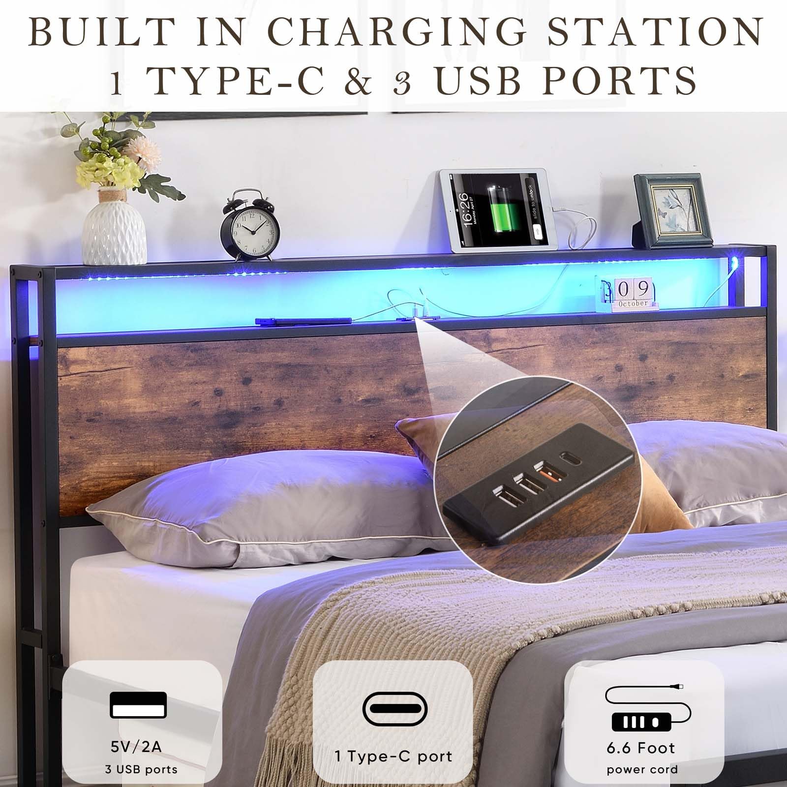 FTOPBTB Industrial Queen Size Bed Frame with Storage Headboard and 2 Drawers, LED Smart Bed Frame with Charging Station, Metal Platform Bed No Noise, Metal Slats Support, No Box Spring Needed (Queen)